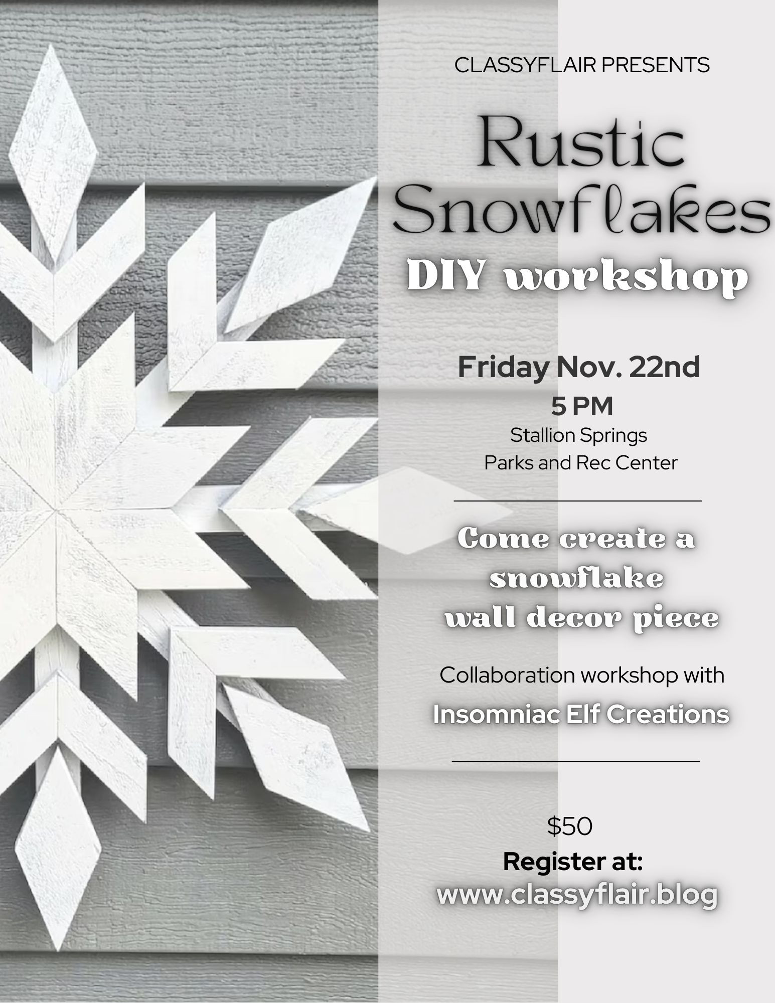 Rustic Snowflakes DIY workshop Nov 22 – Decor Designer in Tehachapi CA